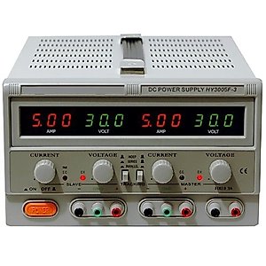 Triple Output Power Supply, Two 0-30V @ 0-5A; One Fixed 5V @ 3A, Quad LED Displays