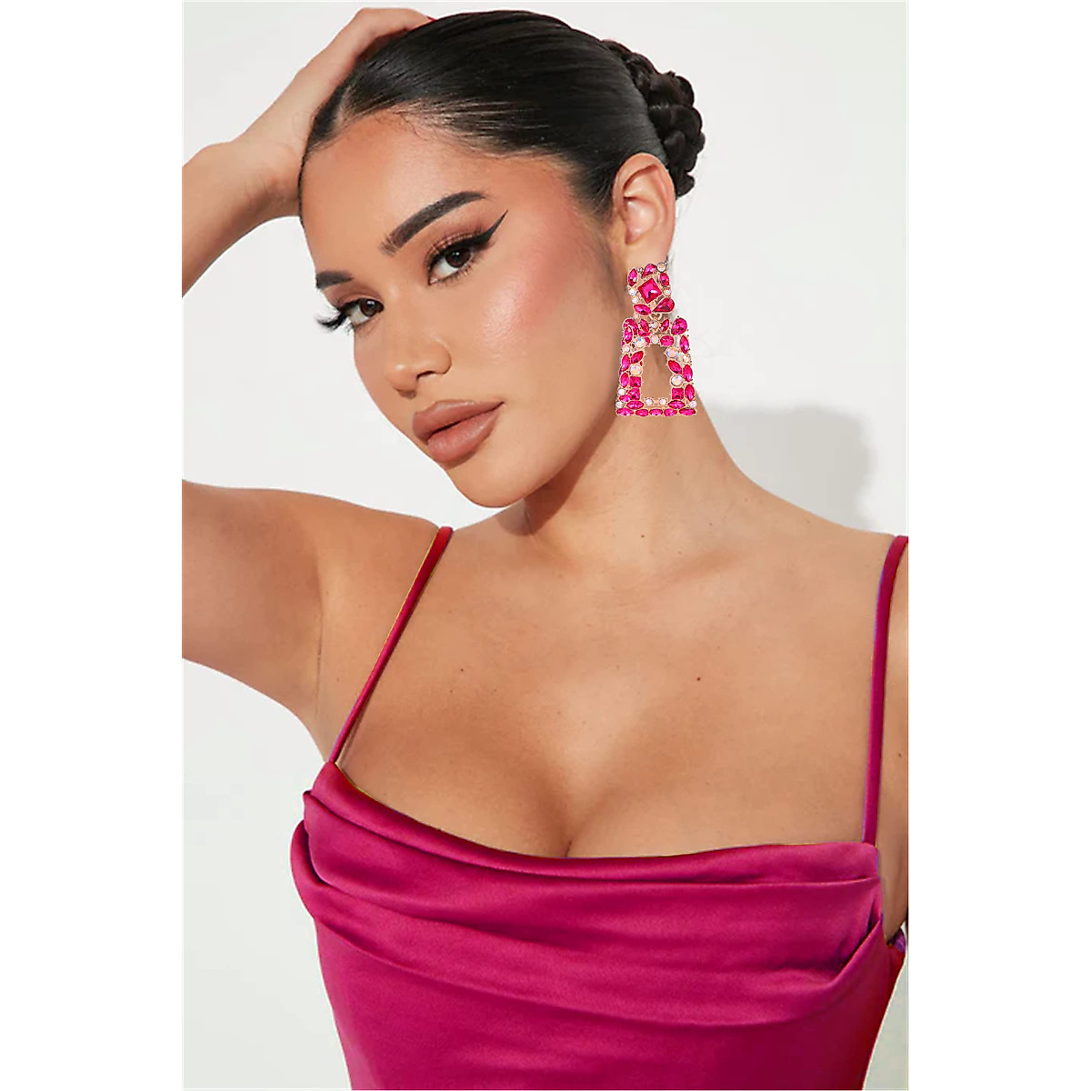 Hot Pink Rhinestone Rectangle Dangle Earrings Trendy Sparkly Crystal Geometric Drop Statement Earrings hypoallergenic for Women