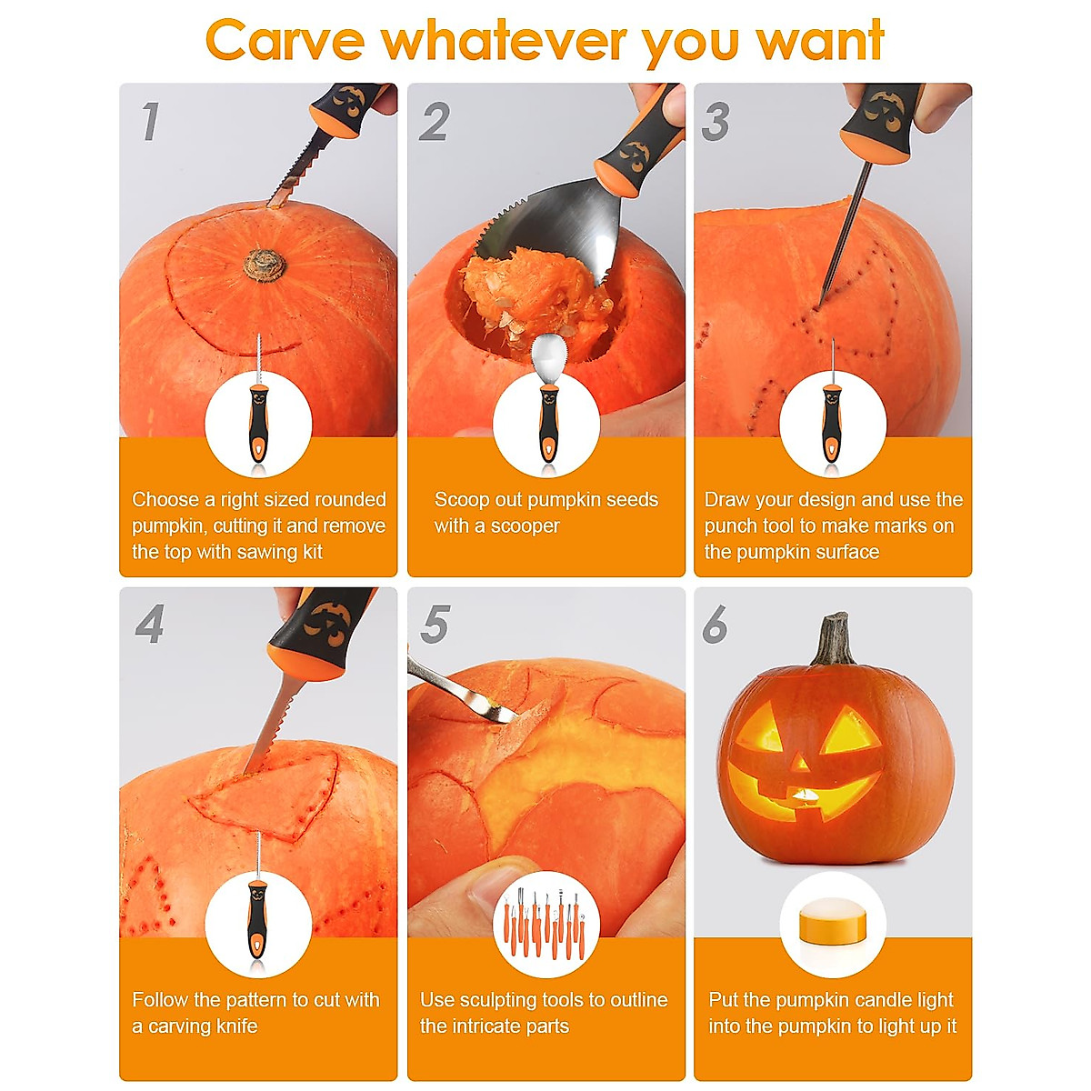 Luditek Pumpkin Carving Kit, 17 PCS Professional Stainless Steel Pumpkin Carving Tools with 3 Electronic Candles Lights and 10 Stencils, Jack-O-Lanterns Cutting Halloween Gifts for Adults