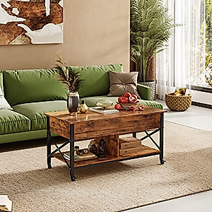 WLIVE Lift Top Coffee Table for Living Room,Coffee Table with Storage,Hidden Compartment and Metal Frame, Central Table with 4 Casters for Reception Room,Rustic Brown.