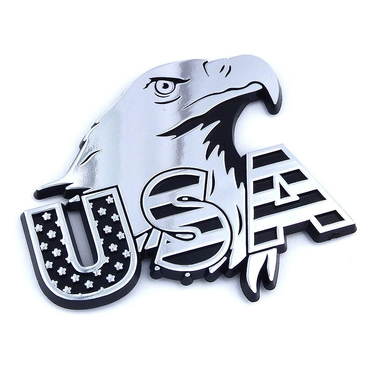 USA American Eagle Flag Black with Chrome Eagle Plastic car Emblem Decal 3"