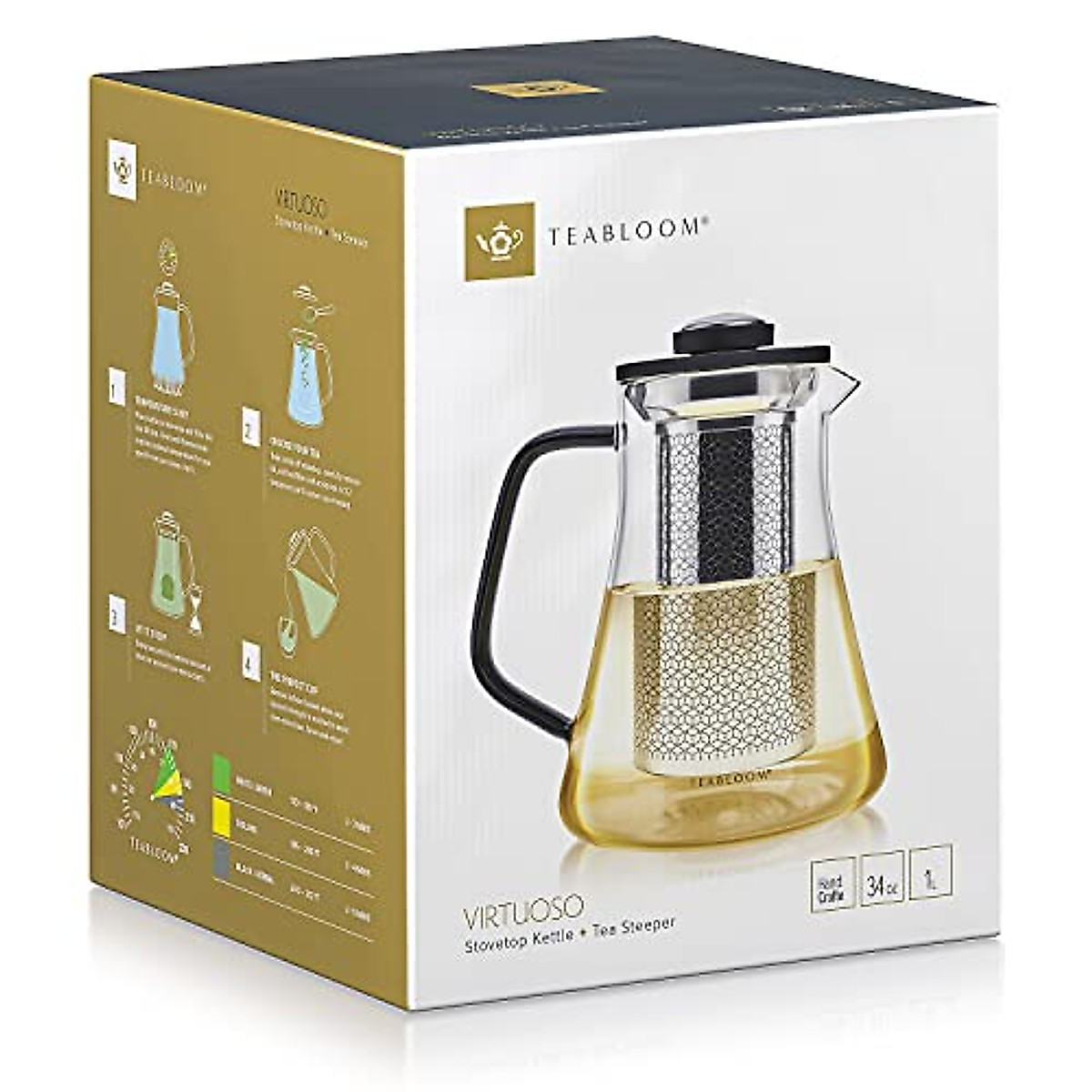 Teabloom 2-in-1 Tea Kettle and Tea Steeper - Glass Teapot with Thermometer and Stainless Steel Loose leaf Tea Infuser, No Whistle Kettles, Virtuoso 34-Ounce Tea Maker