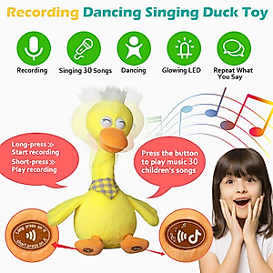 13" Talking Dancing Duck, Repeating What You Say Mimicking Recording Plush Baby Toy Musical English Song Singing Talking Glowing Animated Twisting Gift of Lighting Up Toy for Boy Kid