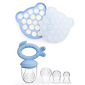 Dilovely Baby Fruit Feeder & Babies Food Freezer Trays with Lid, Pacifier Feeder, Silicone Food Molds Trays for Homemade Baby Food, Frozen Breast Milk Cube, BPA Free Blue