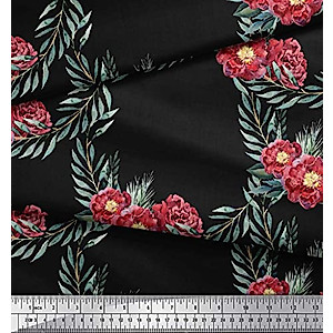 Soimoi Black Cotton Canvas Fabric Leaves & Peony Floral Print Sewing Fabric Yard 44 Inch Wide