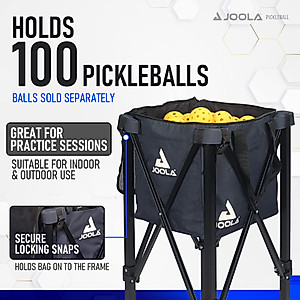 JOOLA Pickleball Ball Caddy - Holds up to 100 Pickleball Balls + 2 Side Pockets - Pickleball Equipment for Practice & Pickleball Machine - Wheeled Cart with Bulk Pickleball Ball Storage Bag,Black