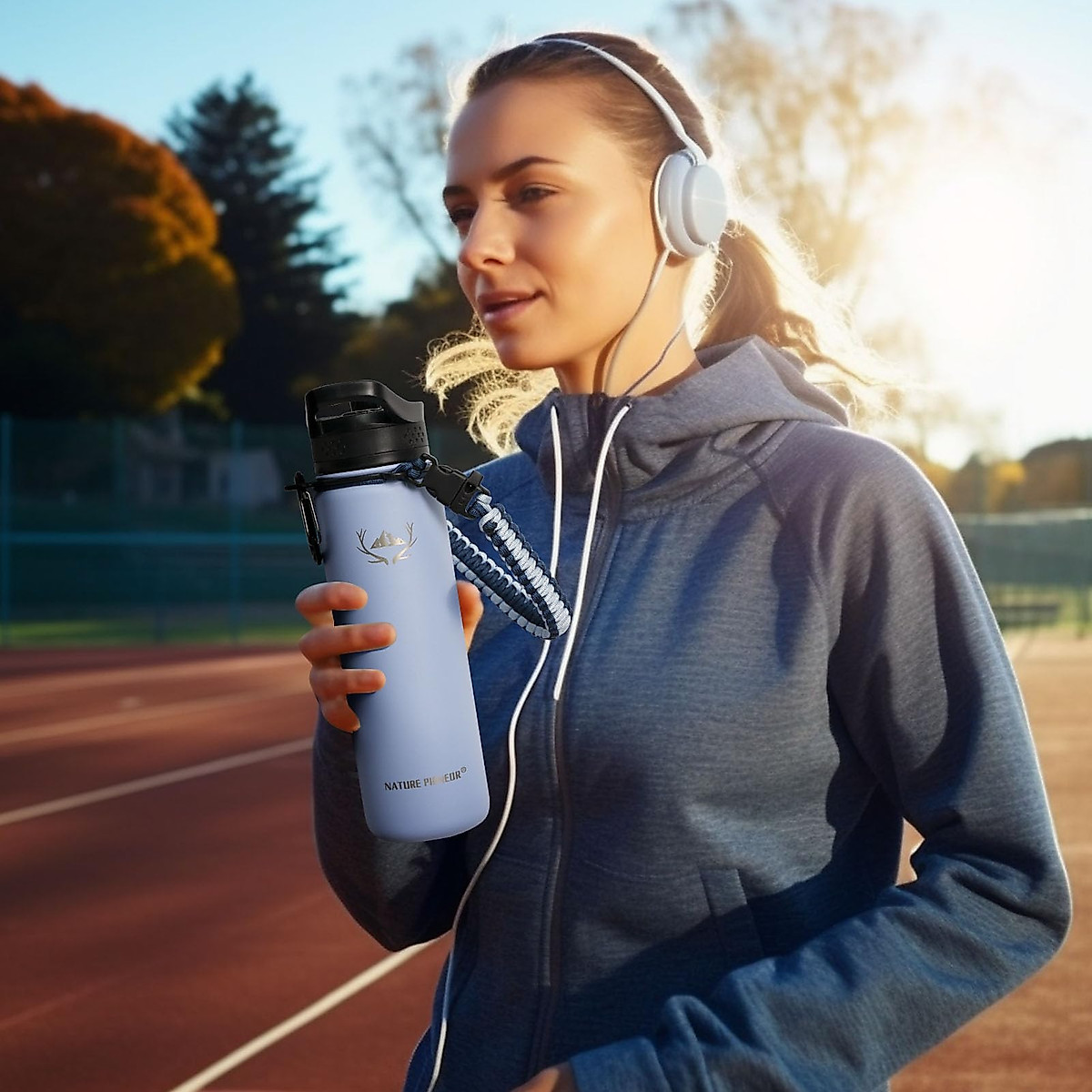 NATURE PIONEOR Insulated Water Bottles with Paracord Handle - 24 oz Vacuum Sports Wide Mouth Water Bottle with 3 Lids, Leak Proof Stainless Steel Keeps Hot and Cold