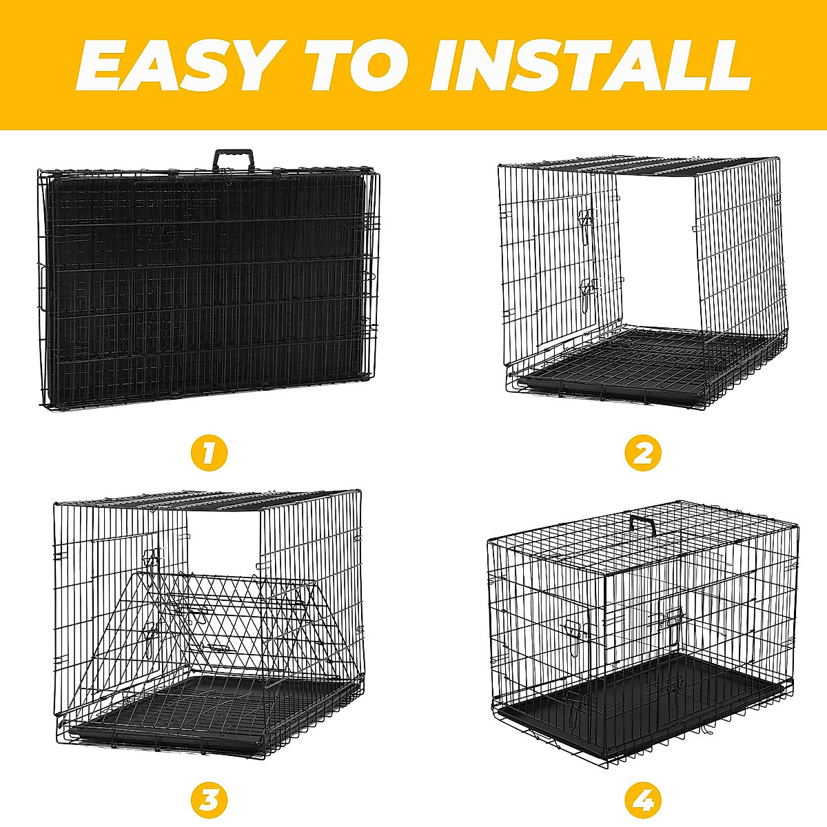 48 Inches Dog Crate Large Foldable Dog Kennel Metal Wire Pet Dog Cage with Double-Door Leak-Proof Tray Divider Panel and Handle for Dog Cat Pet,Black 48”X31”X29”