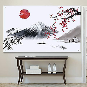 Japanese Wall Hanging Photo Banner Asian Mount Fuji Red Sun Backdrop Japanese Landscape Nature Background for Japanese Party Wall Home Decorations, 72.8 x 43.3 Inch