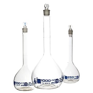 EISCO Volumetric Flask Set, 3 Pieces - Class B, ASTM - 250ml, 500ml & 1000ml - Glass Stopper - Blue Graduation