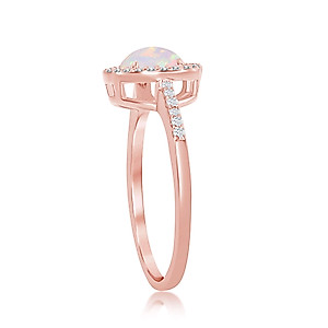 Sterling Silver Rose Gold Plated Created White Opal with Cubic Zirconia Halo Ring (Size 8)