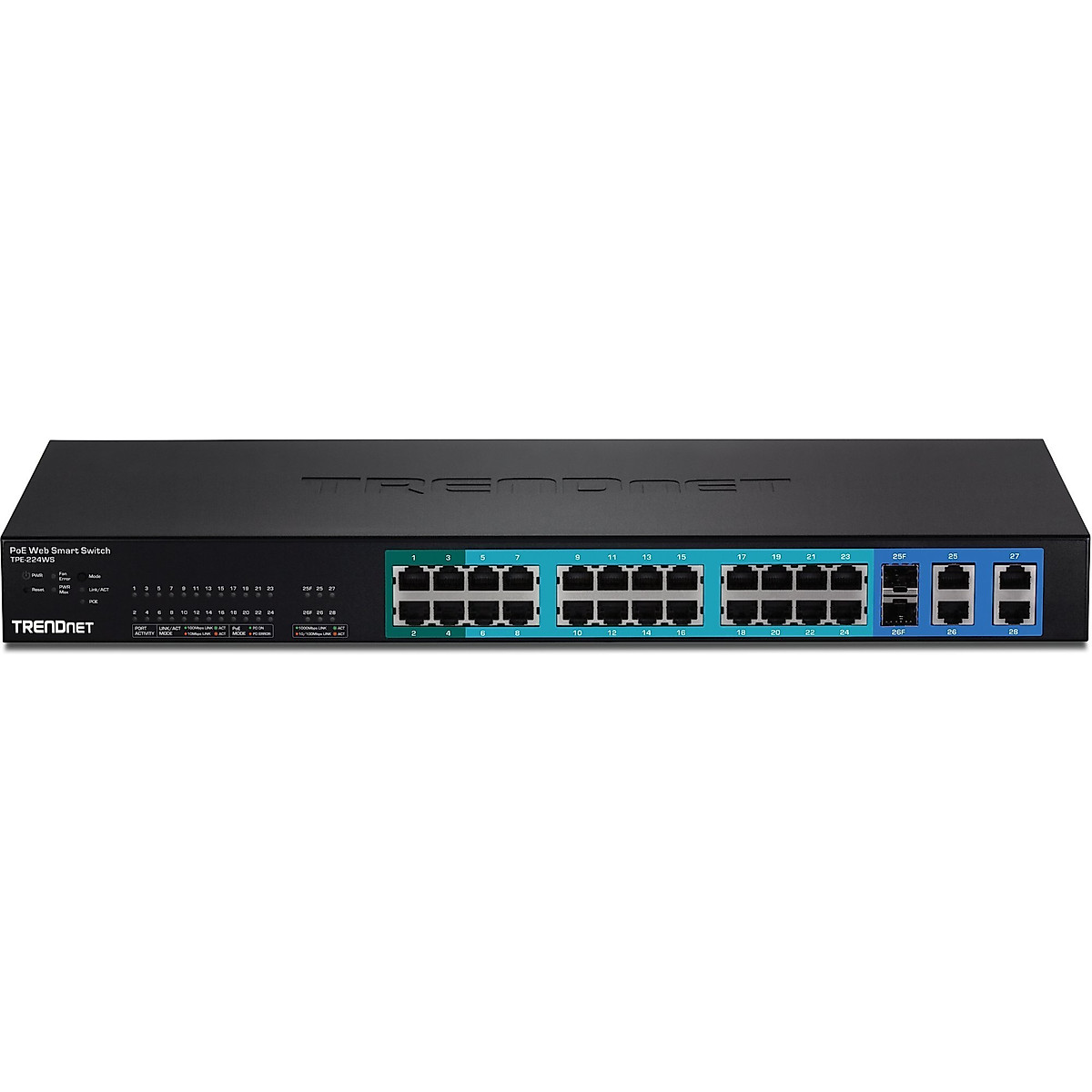 TRENDnet 28-Port 10/100Mbps Web Smart PoE+ Switch, 20 x PoE Ports, 4 x PoE+ Ports, 2 x Gigabit Ports, 2 x Shared Gigabit Ports (RJ-45 or SFP), Rack Mountable TPE-224WS (Renewed)