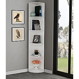 ICE ARMOR 5 Tier Corner Bookcase Wooden Display Bookshelf Storage Rack Multipurpose Shelving Unit for Living Room Home Office in White Wood