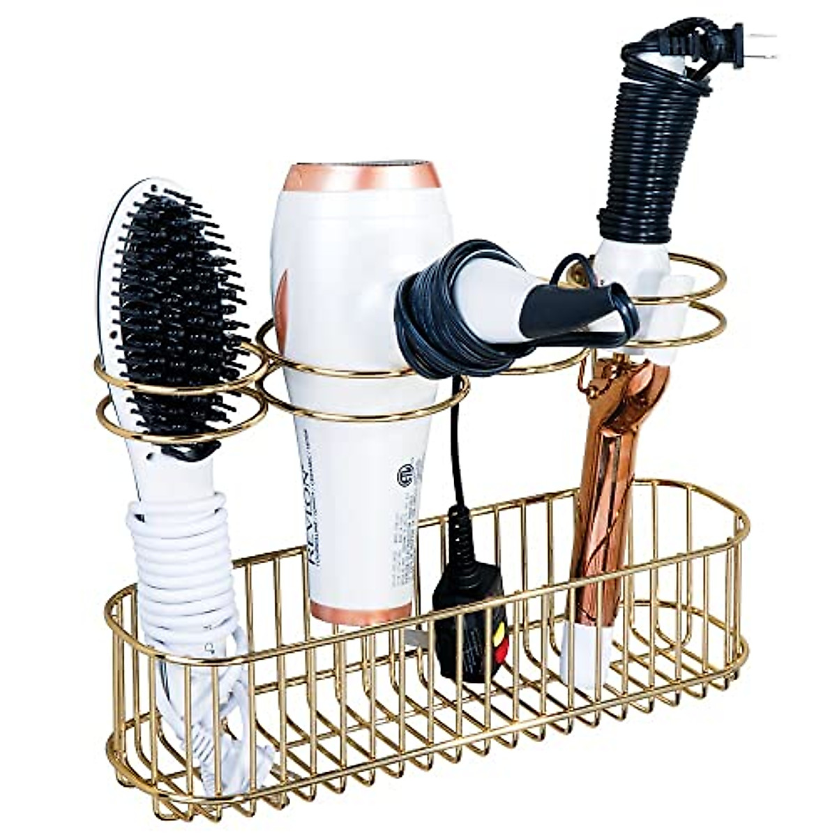 mDesign Metal Wire Cabinet/Wall Mount Hair Care & Styling Tool Organizer - Bathroom Storage Basket for Hair Dryer, Flat Iron, Curling Wand, Hair Straightener, Brushes - Holds Hot Tools - Brass