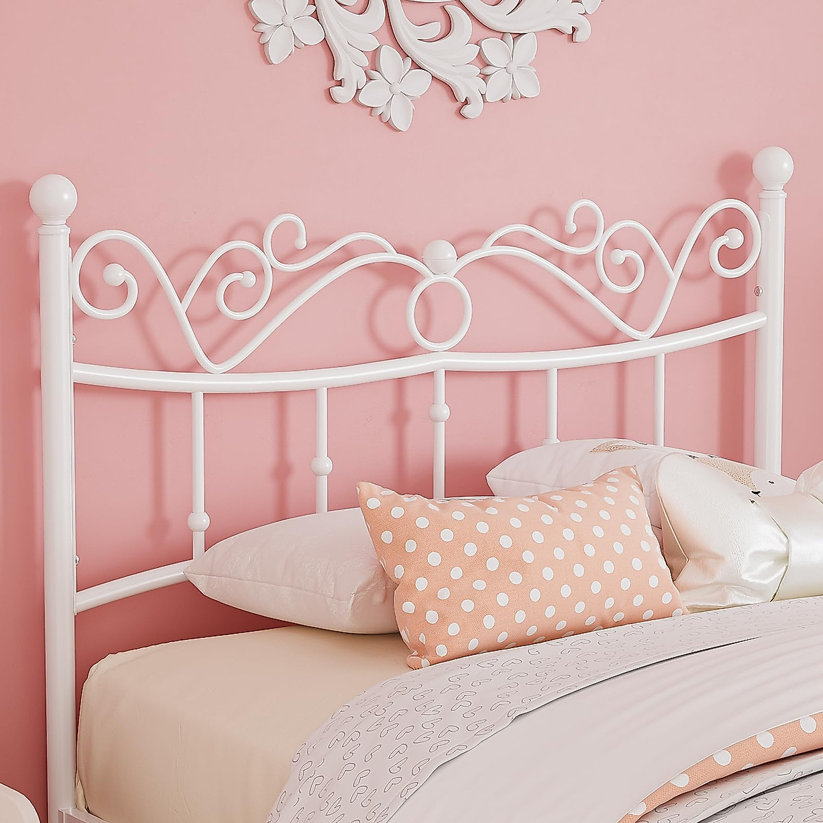 Merronix Twin Bed Frames with Headboard, Elegant Metal Bed Frame for Kids Girls, Modern Twin Size Platform Bed - No Box Spring Needed, 11.2 Inches Height Underneath Storage - White