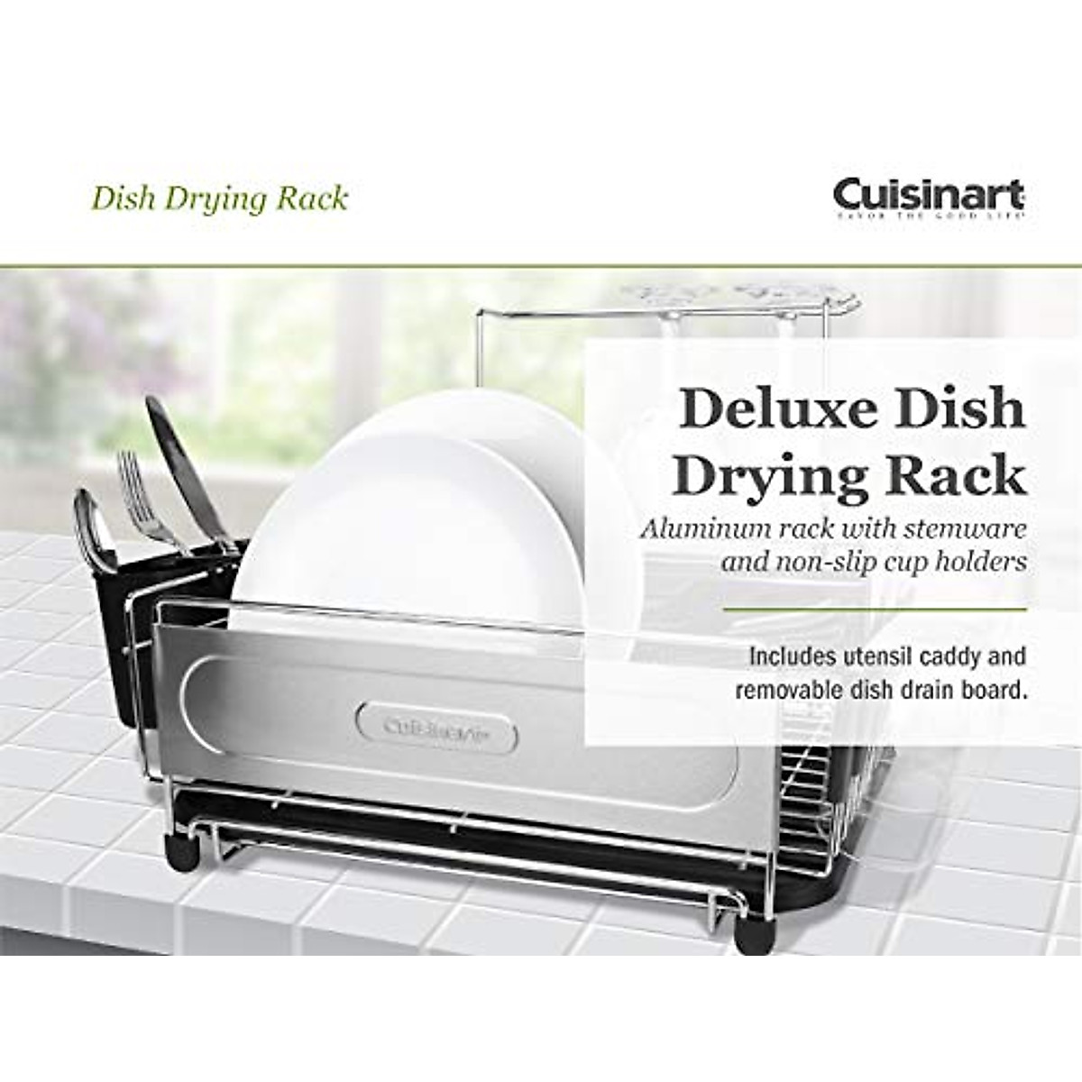 Cuisinart Stainless Steel Dish Drying Rack – Includes Wire Dish Drying Rack, Utensil Caddy, Draining Board, Stemware Holder, and Non-Slip Cup Holders, 14.4” x 12” x 6”- Stainless Steel/Black