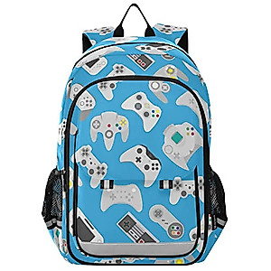Glaphy Video Game Controller Pattern Blue Backpack School Bag Lightweight Laptop Backpack Student Travel Daypack with Reflective Stripes
