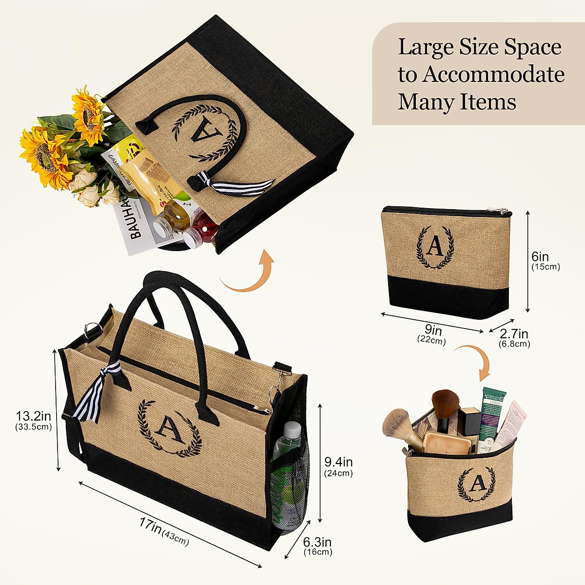 CRSTAFU Beach Tote Bag with Zipper, Burlap Tote Bag for Women, Personalized Monogrammed Birthday Gifts for Women, Bolsos de Mujer with Exquisite Initials Embroidery Pattern (M)