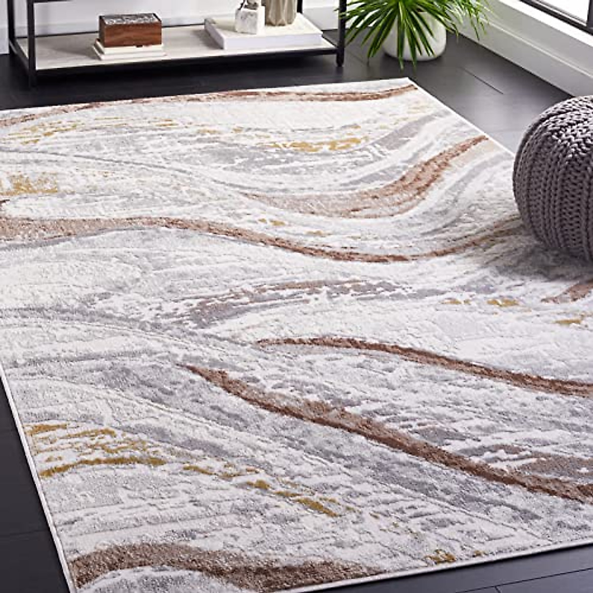 Safavieh Palma Collection Area Rug - 6'7" Square, Beige & Brown, Modern Abstract Design, Non-Shedding & Easy Care, Ideal for High Traffic Areas in Living Room, Bedroom (PAM334B)