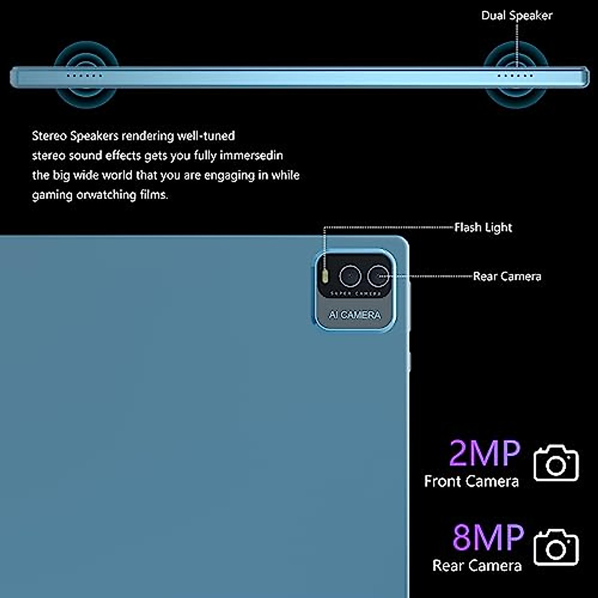 Tablet With Keyboard 2 in 1 Tablet Android Tablet 10 Inch Tablets, Include Mouse Case Stylus Tempered Film 5G Wifi Wifi6 128GB ROM+6GB RAM 10 IN IPS 8MP Camera 6000mAh Battery 10.1" FHD Android 11 Tab