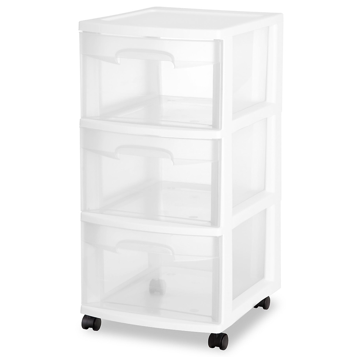 Sterilite 28308002 3 Drawer Cart, White Frame with Clear Drawers and Black Casters, 2-Pack