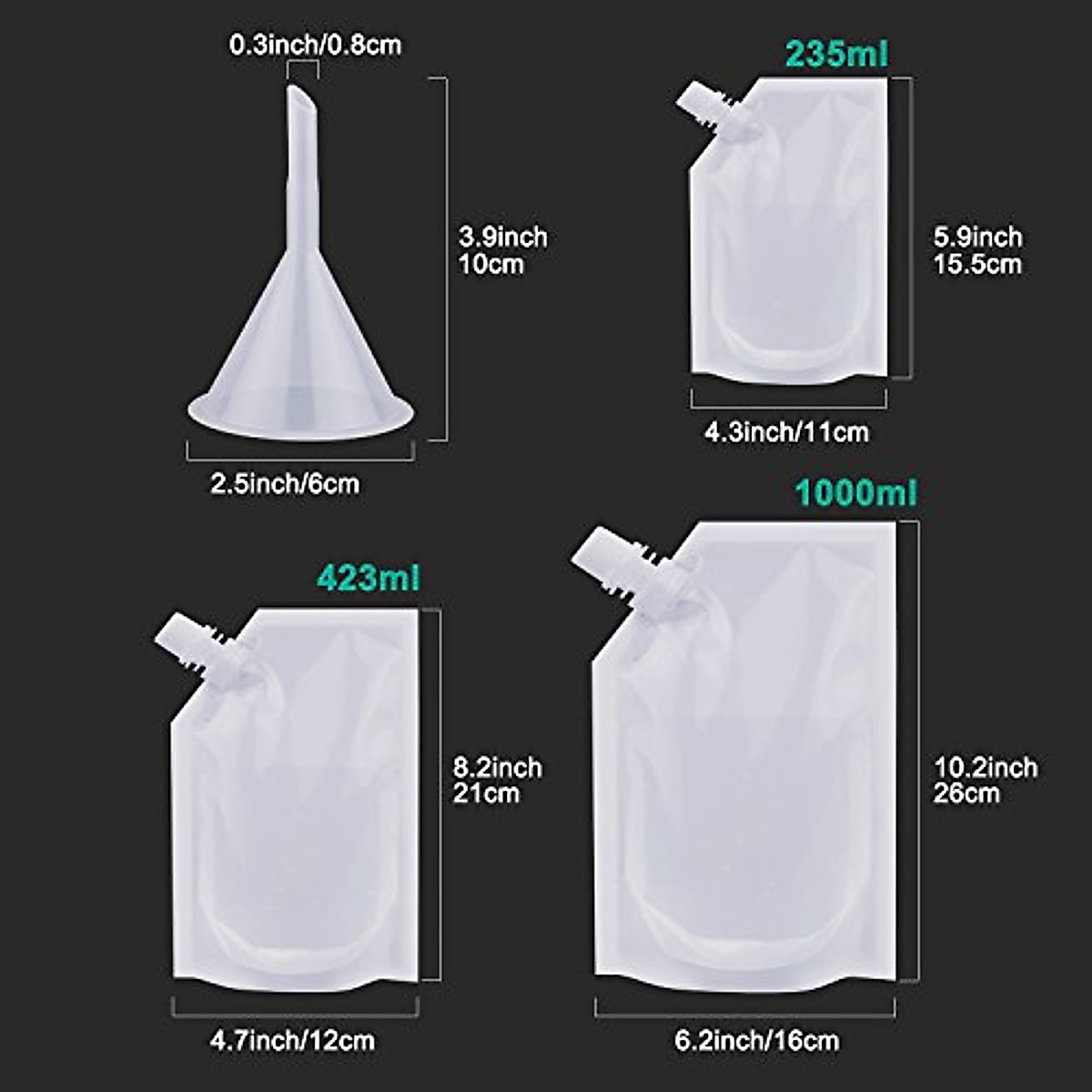 Alcoon 11 Pieces Plastic Liquor Flask Concealable and Reusable Plastic Drinking Flasks Liquor Pouches 3x34oz, 3x14oz, 3x8oz with Plastic Funnel