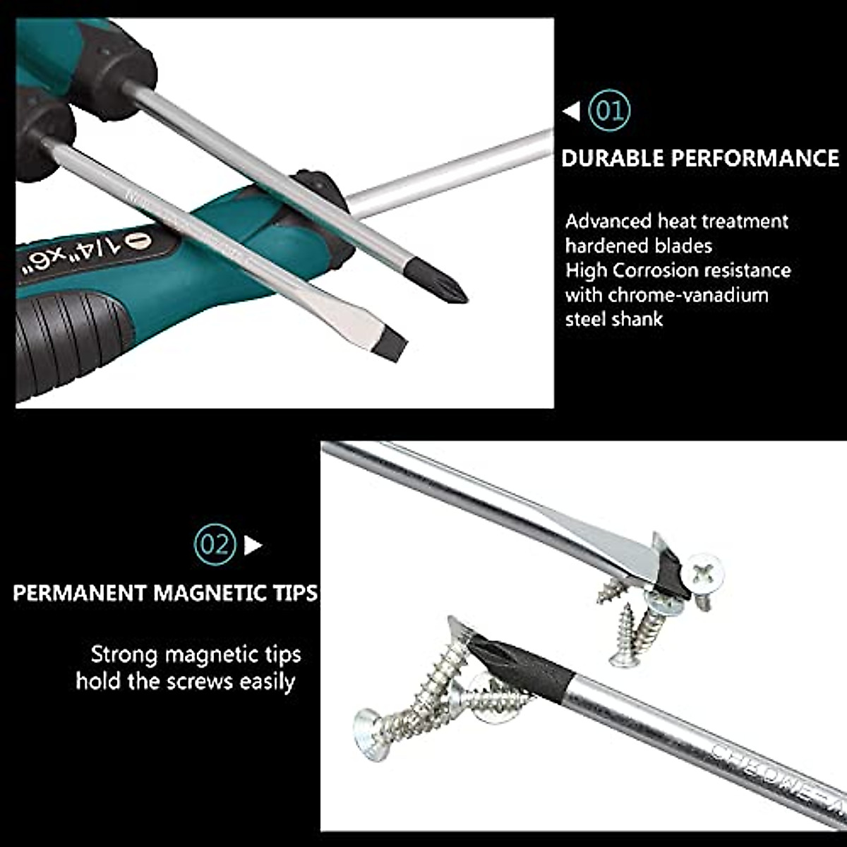 Magnetic Screwdriver Set,5 Pieces Slotted and Phillips Screwdriver with Ergonomic Comfortable Non-skid Handle,Permanent Magnetic Tips,Rust Resistant Heavy Duty Toolkit (Viridian Green)