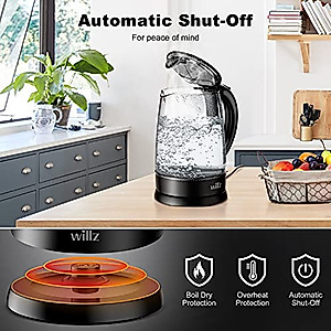 Willz Electric Glass Kettle with Heat Resistant Handle and Cordless Pour, Quick Boil & Auto Shut-Off Technology, Blue Boil Light, 1.7L, 1500 W, Black