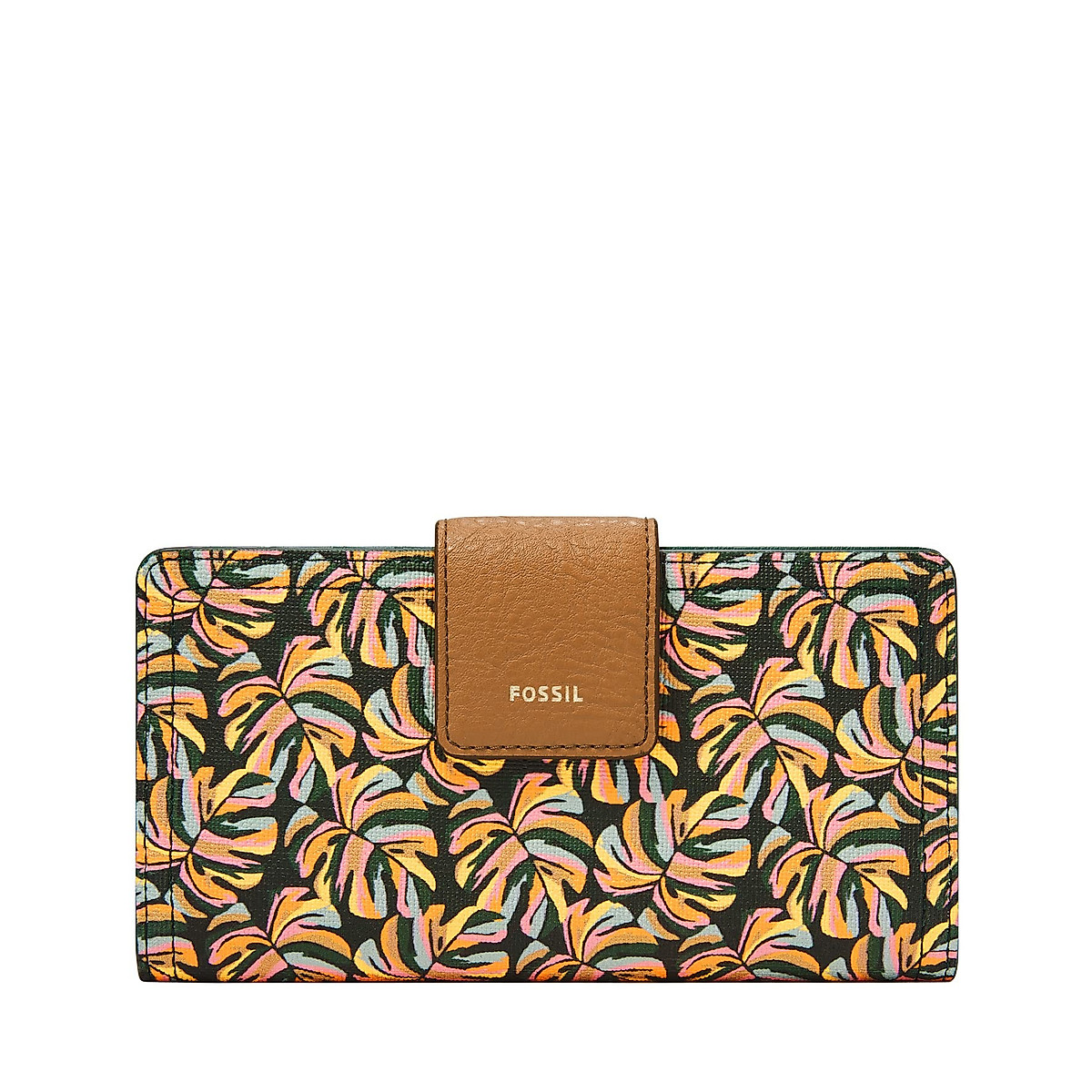 Fossil Women's Logan Faux Leather Wallet RFID Blocking Tab Clutch, Green Multi Palm (Model: SL6585335)