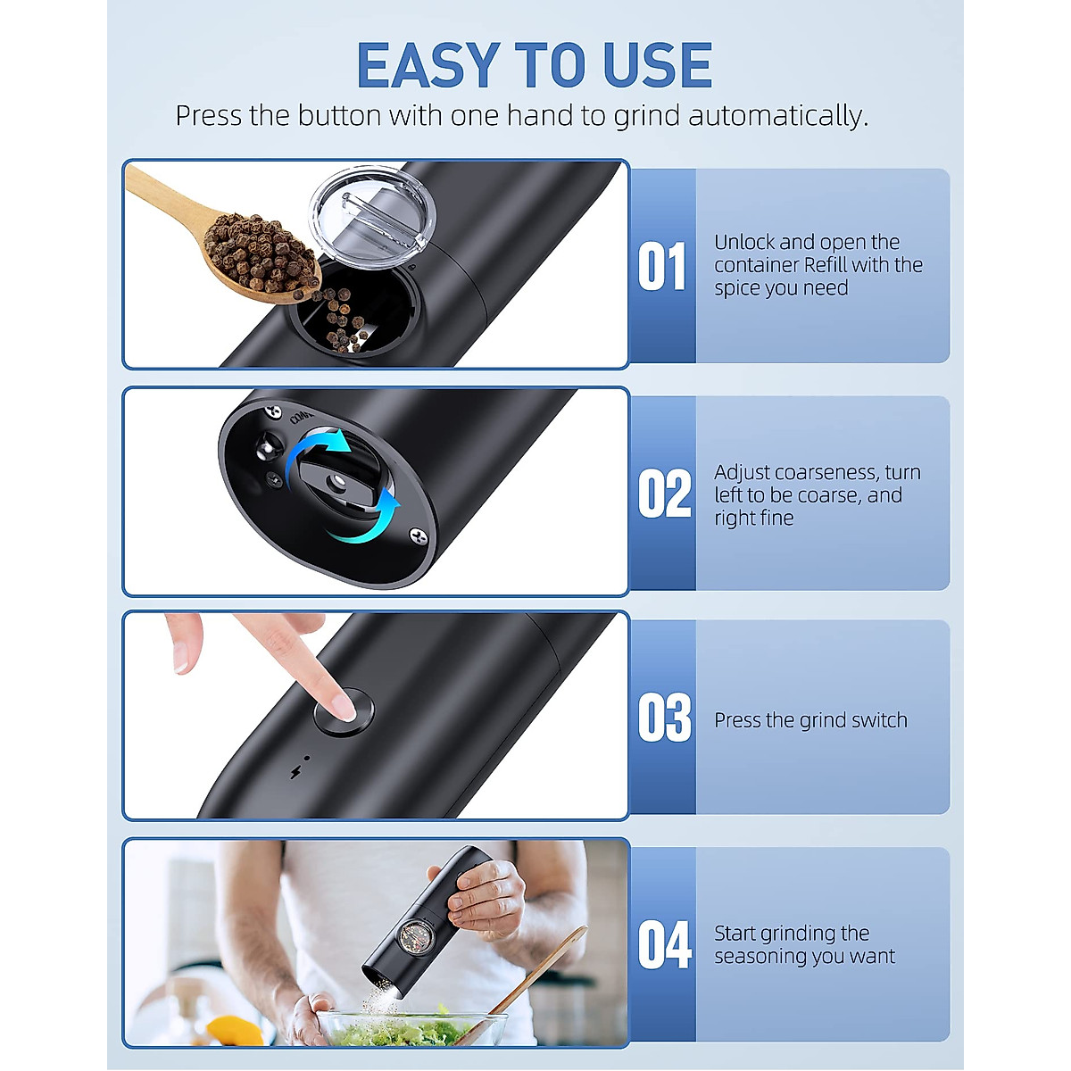 Electric Salt and Pepper Grinder Set - Usb Rechargeable - Automatic Pepper Mill Shaker - Large Capacity - Adjustable Coarseness - Led Light - One Hand Operated, 2 Pack