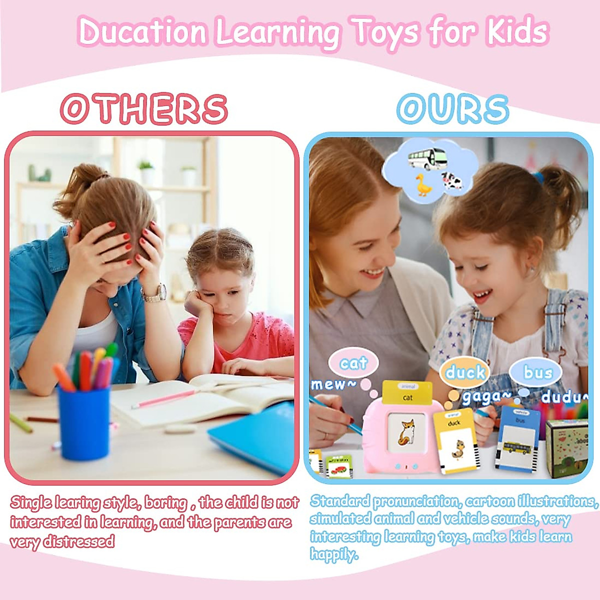 Talking Flash Cards Learning Toys for Toddlers Ages 2 3 4 5 6 Year Old Boys Girls Speech Therapy Toy Autism Toys Educational Preschool Toy Baby Flashcard 224 Sight Words Birthday Gift for Kids (Pink)
