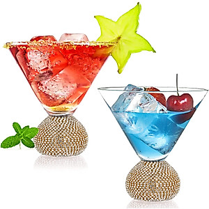 Youeon 11 Oz Stemless Martini Glasses Set of 2, Crystal Cocktail Glasses with Rhinestone Ball Base, Gold Wine Glasses for Bar, Martini, Margarita, Manhattan, Mixed Drinks, Desserts