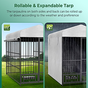 Lyromix Dog Kennel Outdoor with Waterproof Roof and Rotating Feeding Doors, Outdoor Dog Kennel Playpen Crate with Secure Lock and Bowls, Large Heavy Duty Welded Wire Dogs Run Enclosure, 6.6'×3.9'×5.9'