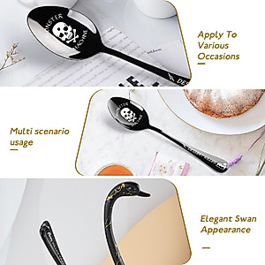 12 Pcs Skull Coffee Spoons Set With Large Black Swan Base Holder OIULO Stainless Steel 6.7-Inch Creative Dinnerware Set Goth Pattern Fruit,Dessert,Stirring, Mixing, Sugar, Stir, Cake Ice Cream