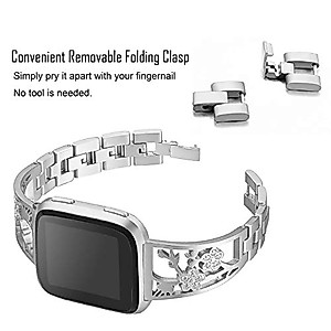 Mtozon Stainless Steel Bands Compatible with Fitbit Versa 2/Versa Lite/Versa for Women, Luxurious Bling Bracelet with Rhinestone Metal Wristbands, Silver