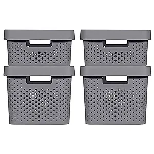 Curver Infinity Set of 4 Baskets with Recycled Lid (2 Units Size M 11L and 2 Units Size L 17L), Grey