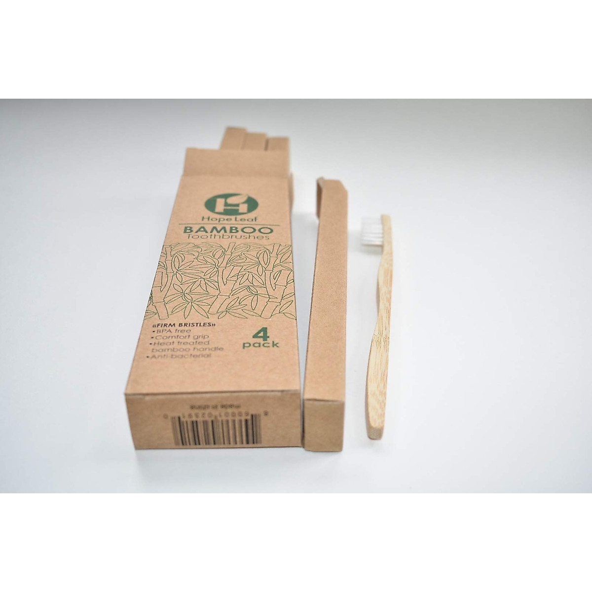 4 Pack Bamboo Toothbrushes by Hope Leaf ((Firm Bristles)) Natural Biodegradable Durable Vegan Organic