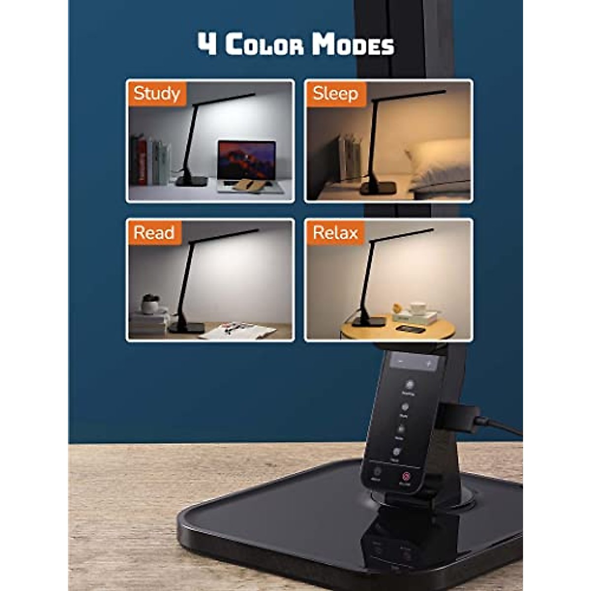 soysout LED Desk Lamp, Table Lamp with USB Charging Port, 4 Lighting Mode with 5 Brightness Levels, 1H Timer, Memory Function, Brightest Desk Light for Study, Reading, Office and Bedroom, 14W (Black)