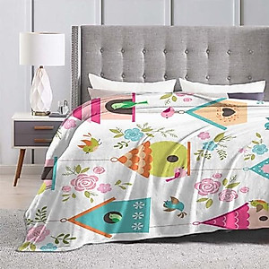 Throw Blanket 60x80 Inch,Floral Birds Houses Home Flannel Soft Cozy Fluffy Throw Blankets and Warm Throws for Adults in Couch Sofa Bed 60x50 Inch