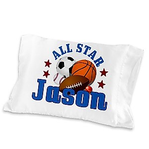 (Toddler Size) Personalized All Star Boys Sports Pillowcase Baseball Basketball Football Soccer Ball Design