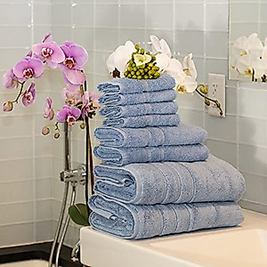 Mosobam 700 GSM Luxury Bamboo Viscose 8pc Large Oversized Bathroom Set, Allure Blue, 2 Bath Towels 30X58 2 Hand Towels 16X30 4 Face Washcloths (Wash Cloth) 13X13, Turkish Towel Sets, Quick Dry