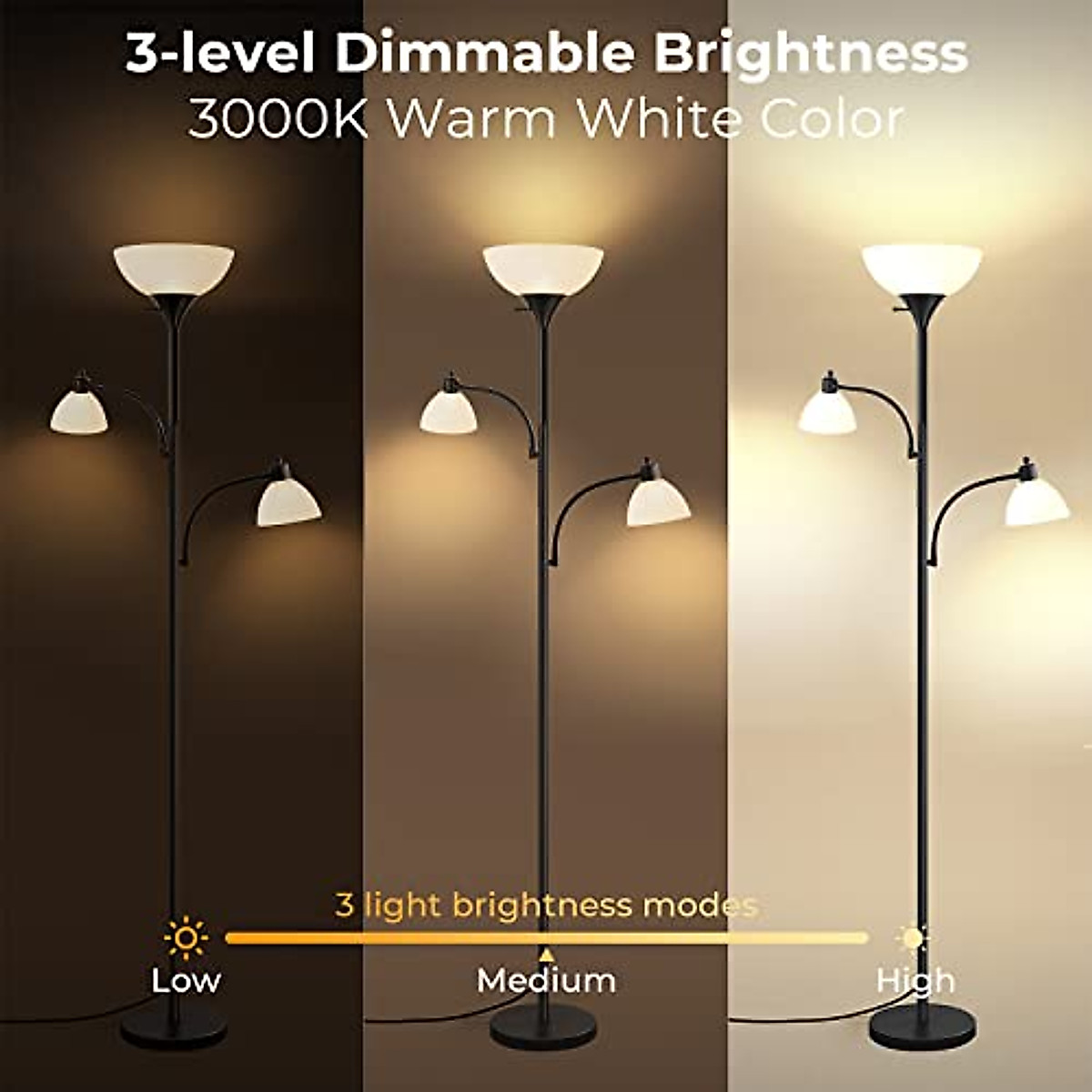 Isloys Floor Lamp, Torchiere Bright Floor Lamp with 2 Reading Lamps for Living Room, Led Floor Lamp with 3 Levels Dimmable Brightness, Industrial Floor Lamp for Reading Offices(3 Bulbs Included)