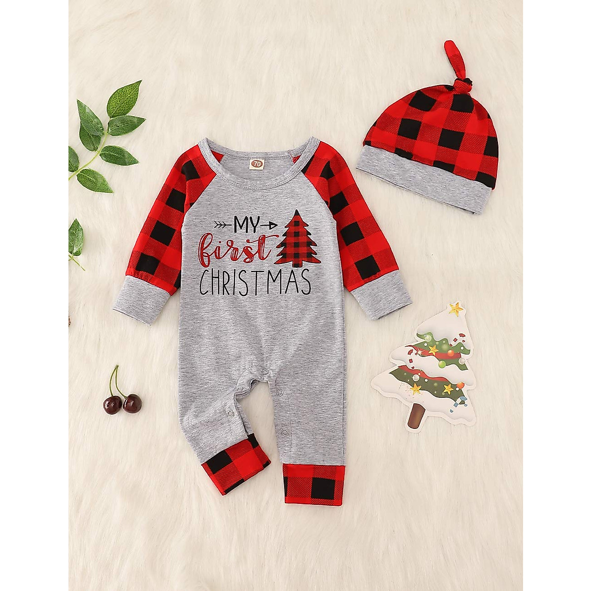 TUEMOS My First Christmas Baby Boy Outfit Long Sleeve Xmas Romper Red Plaid Jumpsuit Christmas Romper Baby Boy