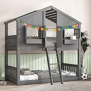 Tatub House Bunk Bed Twin Over Twin Floor Bunk Bed Wood Treehouse Bunk Bed with Ladder, Roof, Windows, Door and Storage, House Bunk Beds Frame for Kids Teens