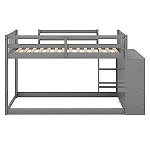 P PURLOVE Twin Over Twin Bunk Bed with Attached Cabinet and Shelves Storage, Wooden Bunk Bed Frame with Ladder and Guardrail, for Teens Girls Boys, Gray