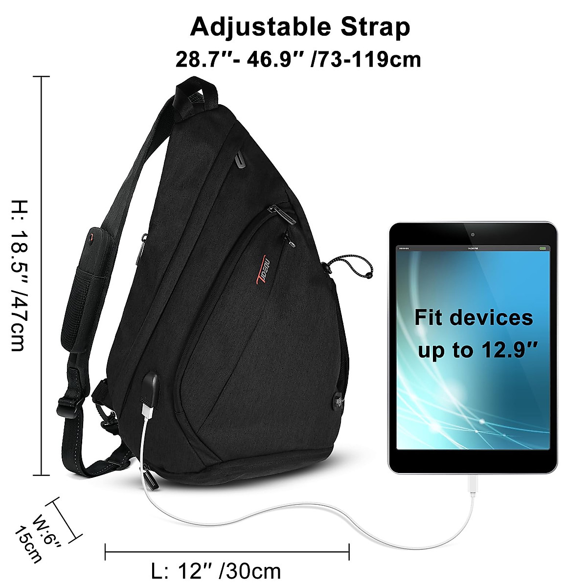 TUDEQU Sling Bag Crossbody Sling Backpack with USB Charging Port, Water Resistant Shoulder Bag Outdoor Travel Hiking Daypack with Wet Pocket Men Women