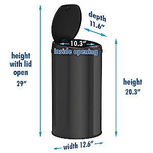 iTouchless 13 Gallon Touchless Sensor Trash Can with Odor Filter, Round Black Steel Garbage Bin, Perfect for Home, Kitchen, Office