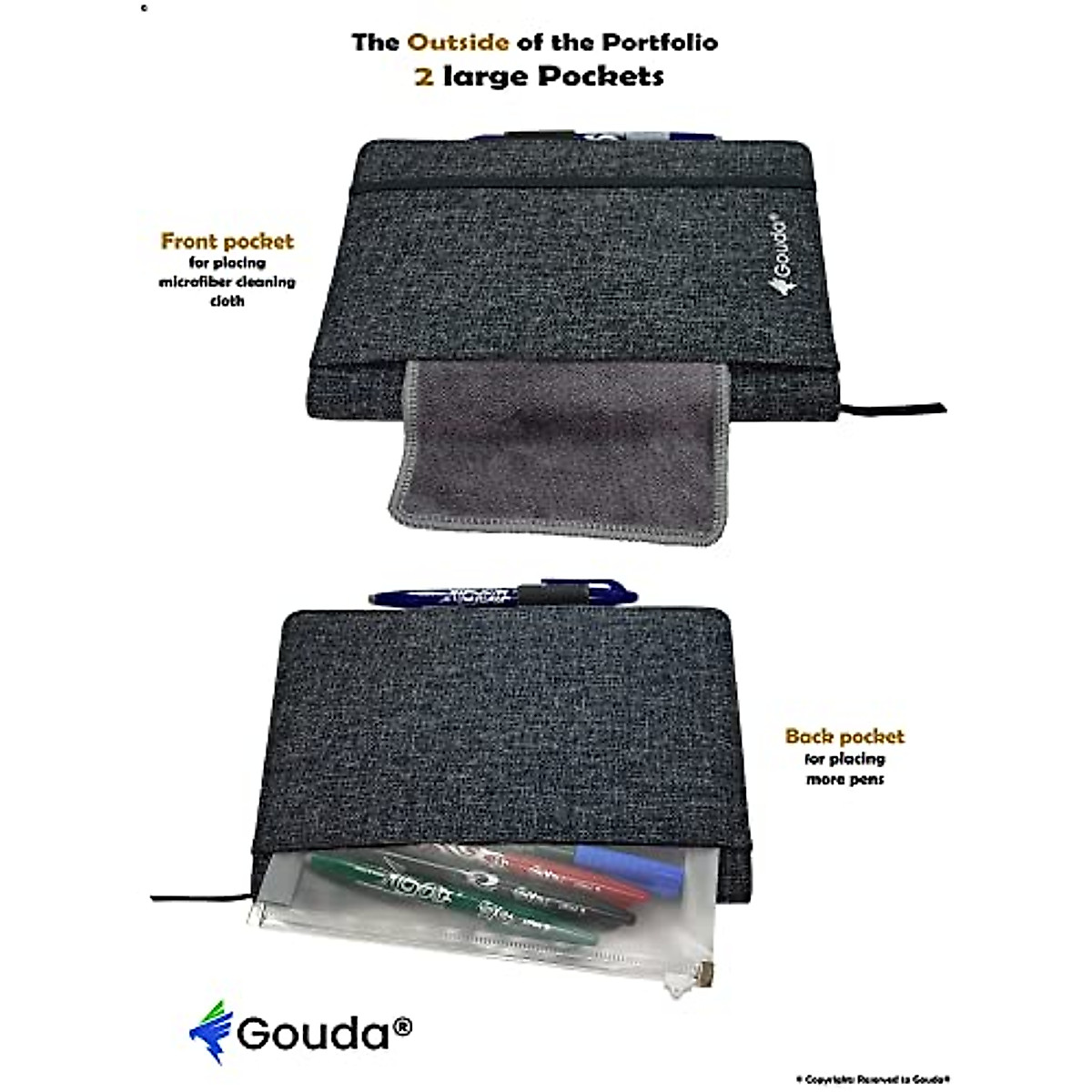 Gouda Bifold Portfolio Notebook Cover , Portfolio Organizer with Pen Loop , Large , Meduim and Small Pockets , Business Card Holder with RFID Blocking Feature , Ribbon Bookmark , Leather Water-resistante Fabric Case , for Smart Reusable Notebook Planner ,
