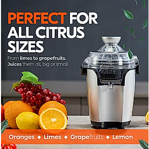 Eurolux Hands-Free Electric Citrus Juicer Machine, Orange Lime Grapefruit Lemon Squeezer, Easy to Clean.