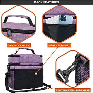 opux Insulated Lunch Bag for Men Women, Large Dual Compartment Cooler Bag, Soft Two Deck Lunch Box for Work School Picnic, Leakproof Lunch Tote with Shoulder Strap for Kid Adult (Purple, Double Deck)